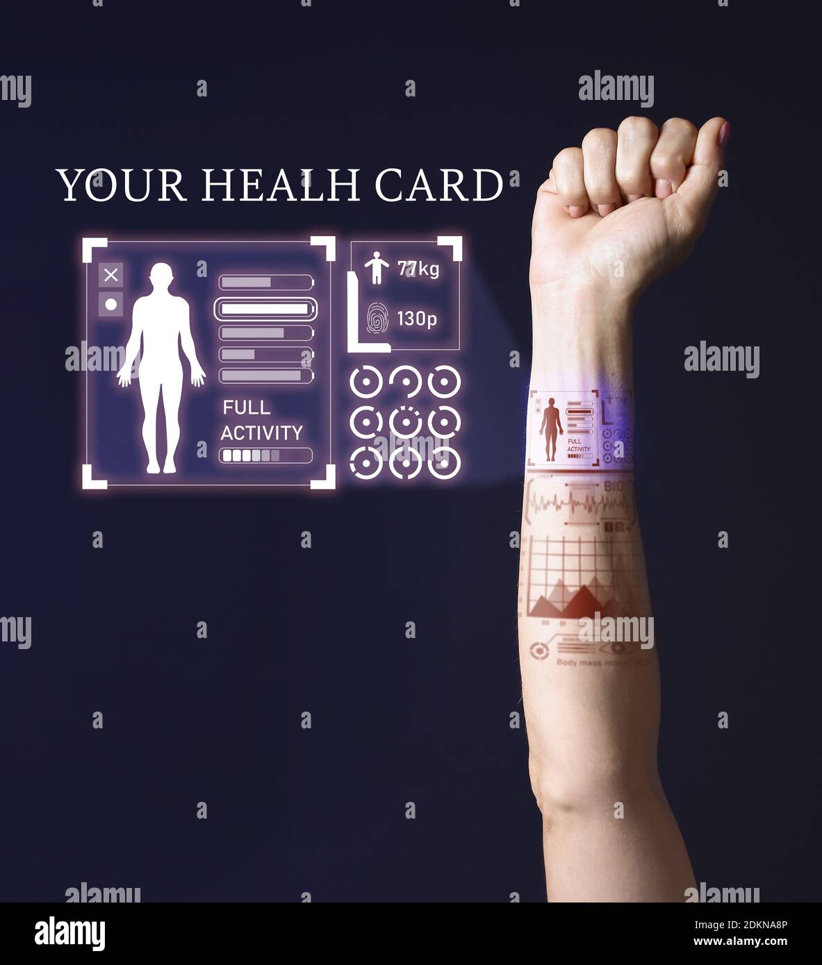 Hologram projection of health card on dark background. Innovative ...