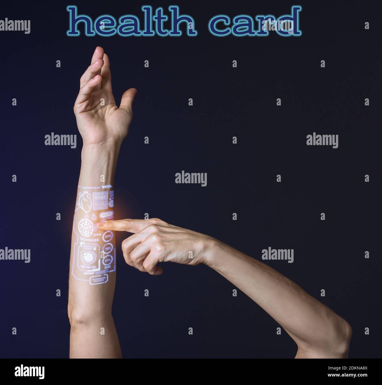 Hologram projection of health card on hand against dark background ...