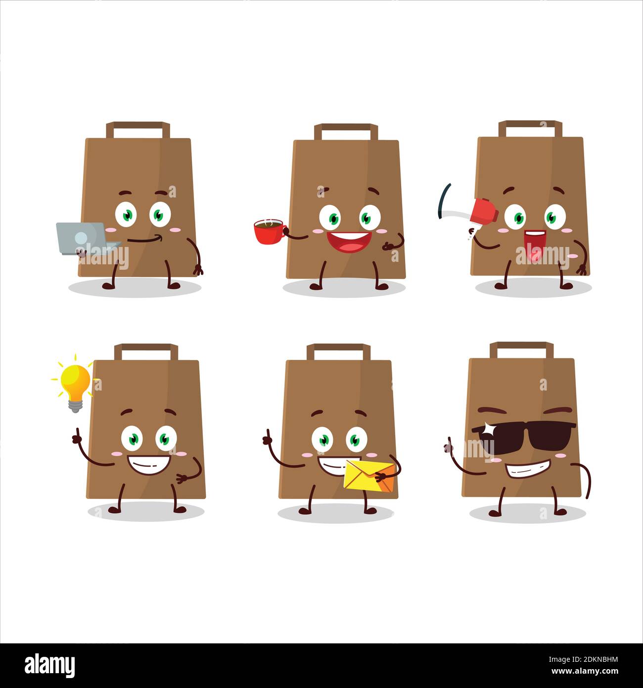 Papper bag cartoon character with various types of business emoticons ...