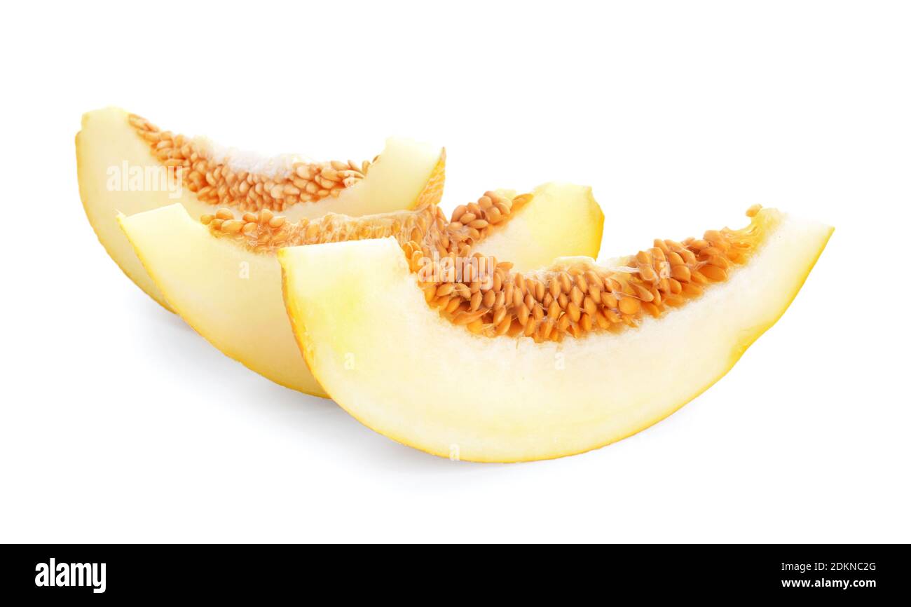 Sweet cut melon on white background Stock Photo - Alamy