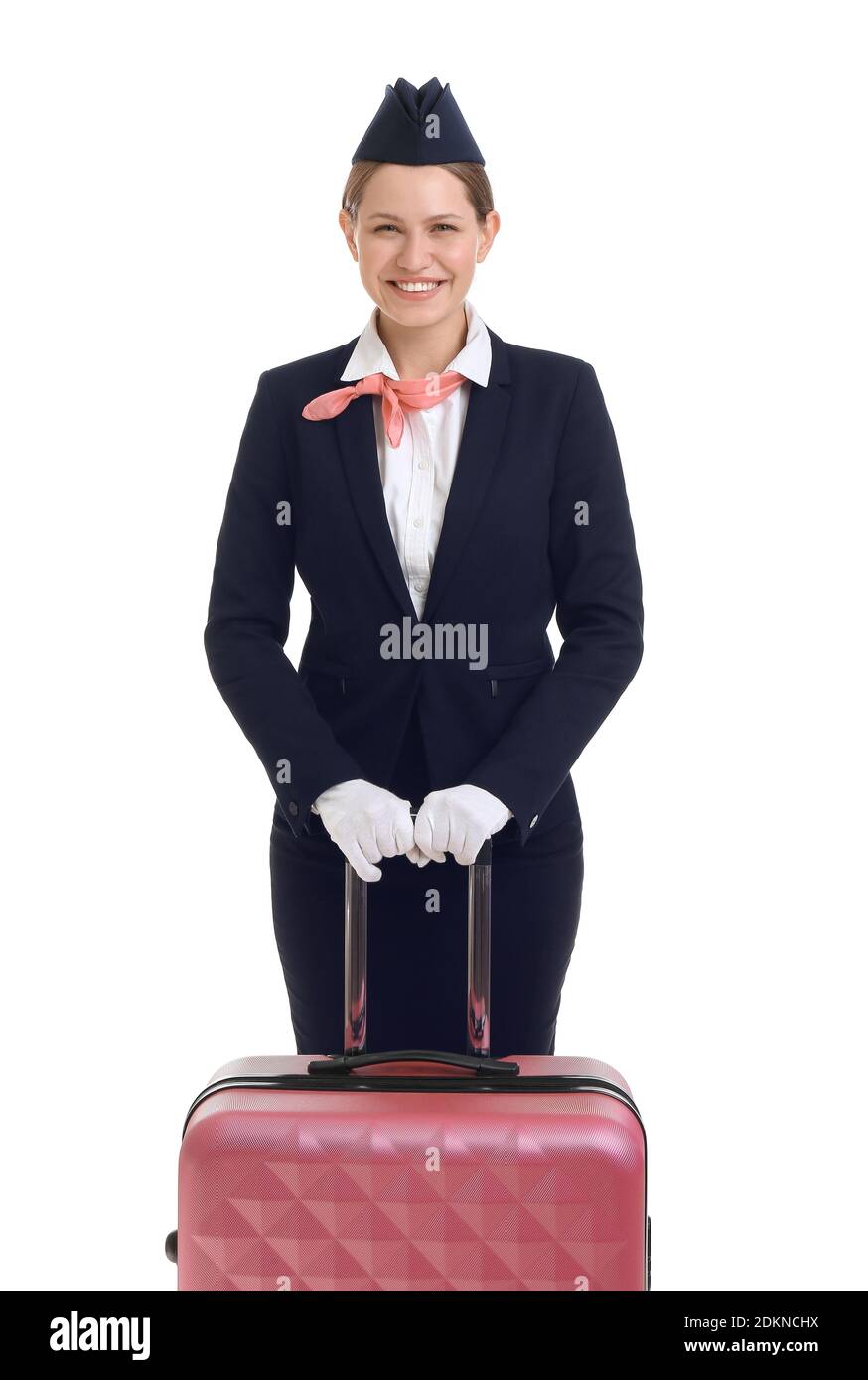 Beautiful stewardess with luggage on white background Stock Photo - Alamy