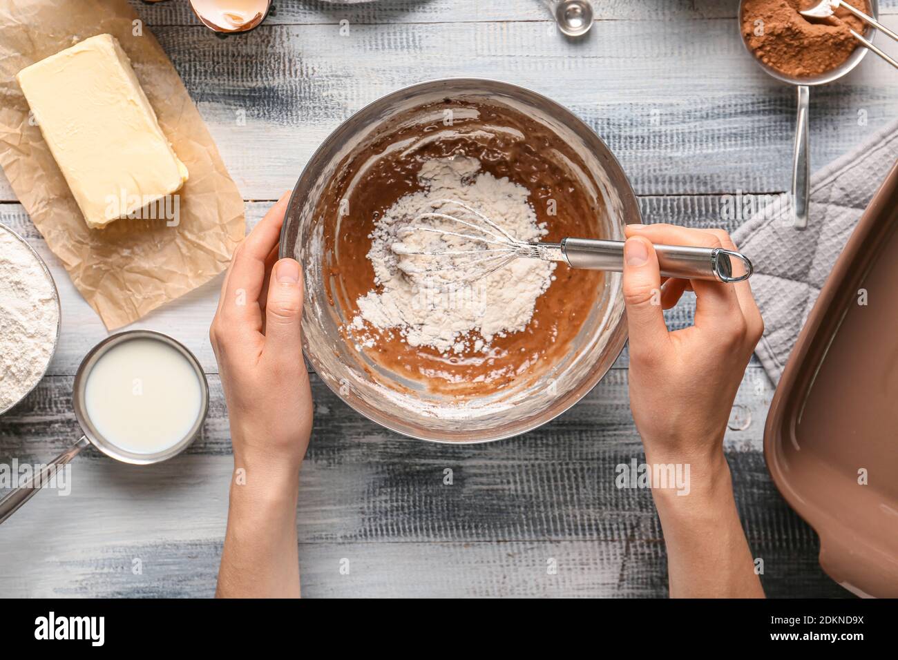 Woman preparing bakery on table, top view Stock Photo - Alamy