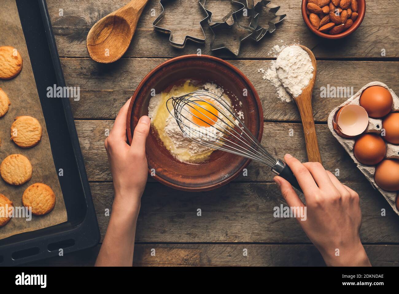 Woman preparing bakery on table, top view Stock Photo - Alamy