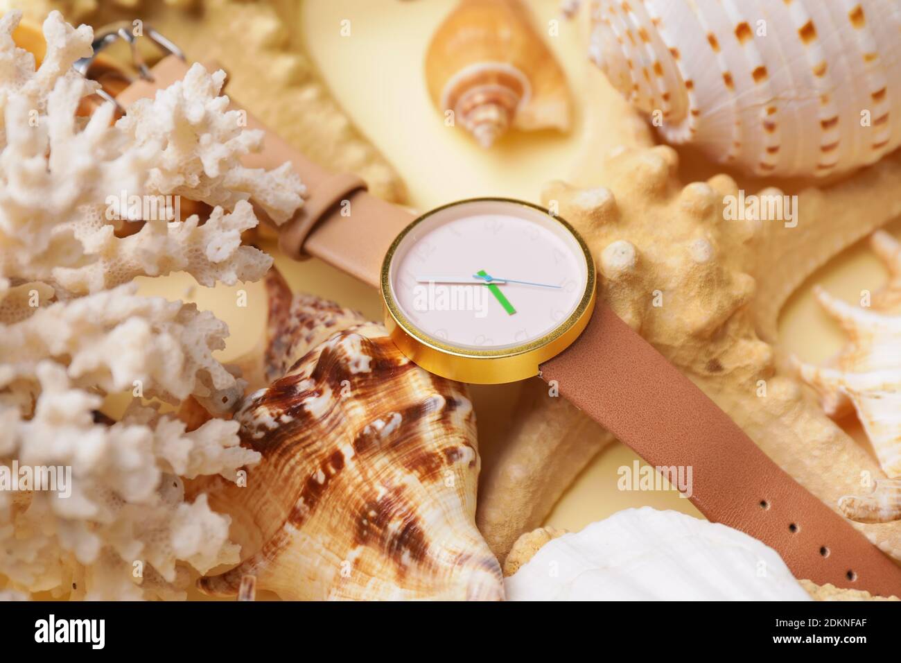 Wrist watch with sea shells on color background Stock Photo - Alamy