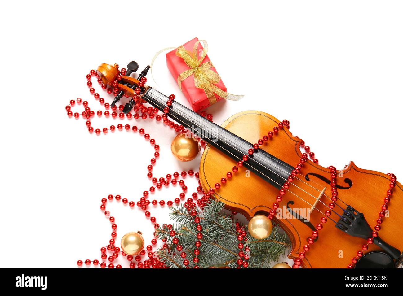Violin and Christmas decor on white background Stock Photo - Alamy