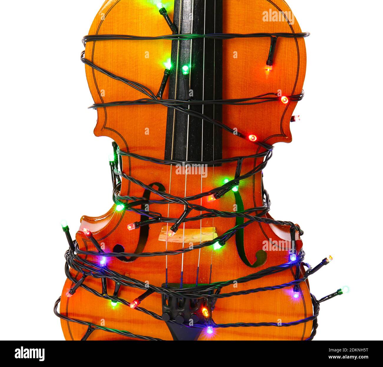 Violin with Christmas lights on white background Stock Photo - Alamy