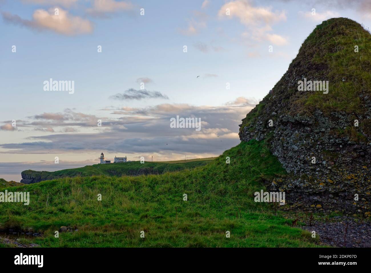 Old eroded Conglomerate grass covered Cliffs with Tod Head Lighthouse ...