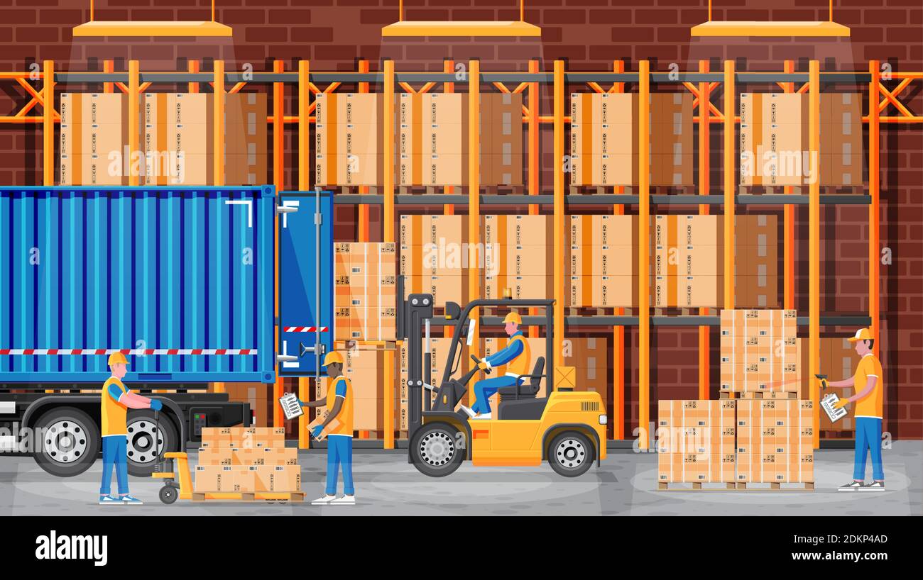 Warehouse shelves with goods, mover and container package boxes. Pile cardboard boxes set ...