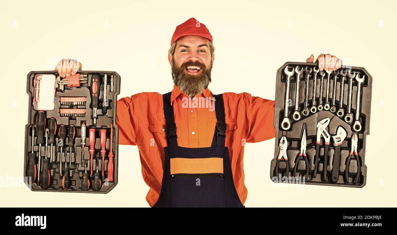 Set of tools. Screwdrivers set. Man carries toolbox white background ...