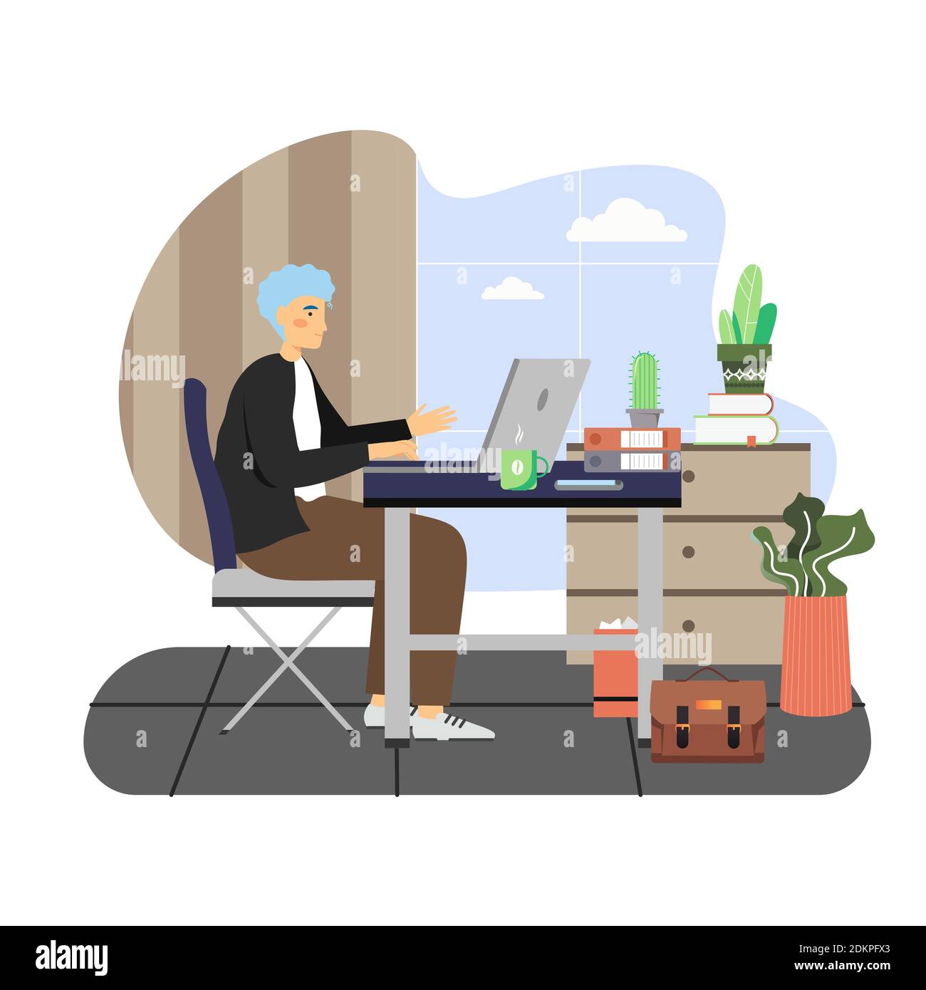 Daily life. Business man working on laptop computer sitting at desk in ...