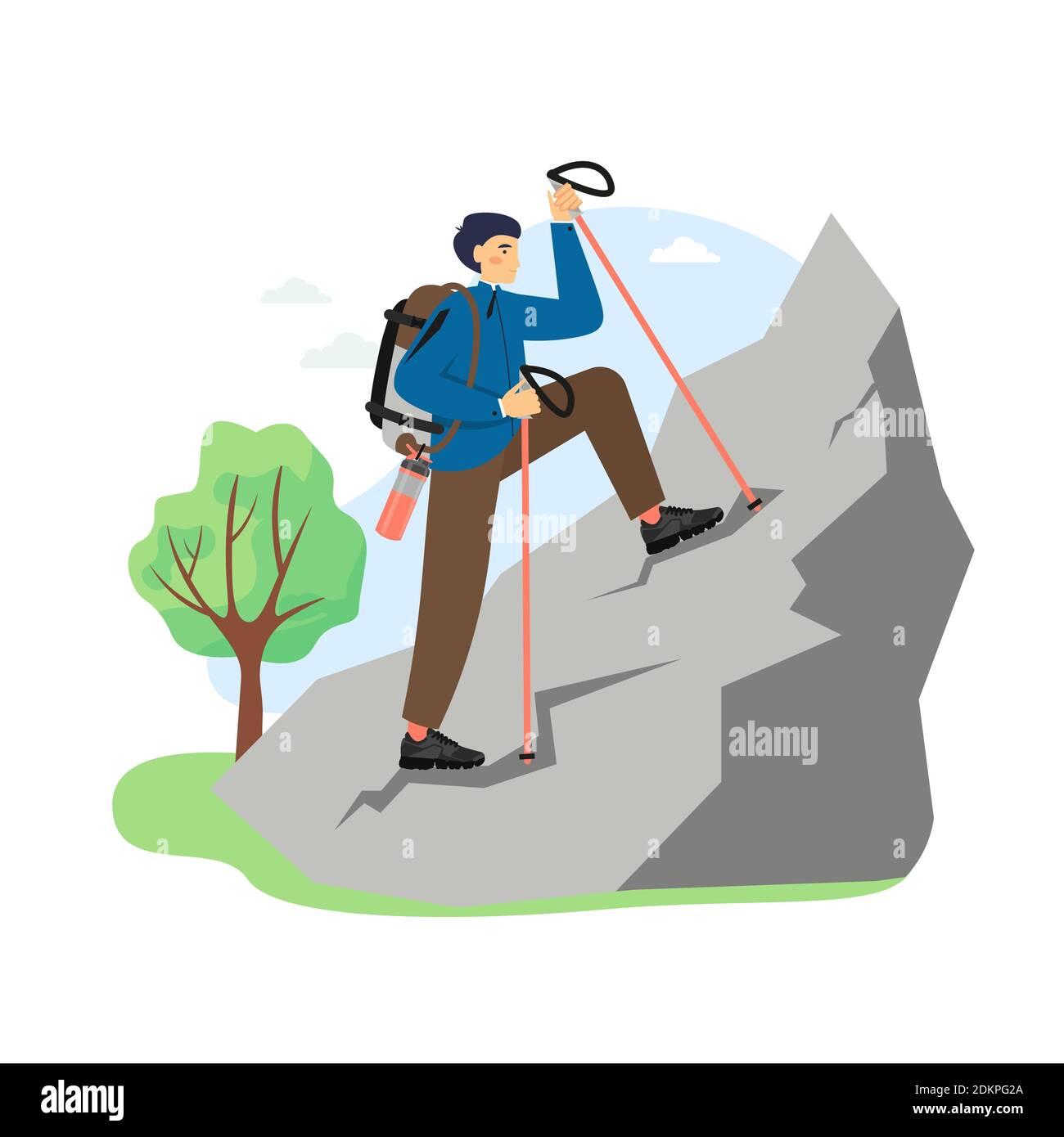 Hiking scene, flat vector illustration. Climber, hiker male character ...