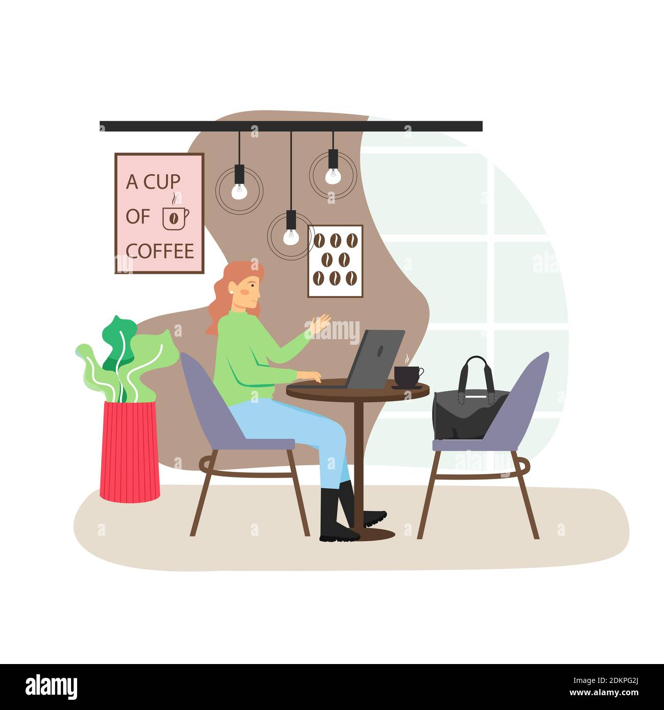 Coffee shop. Happy woman drinking coffee and working on laptop computer ...