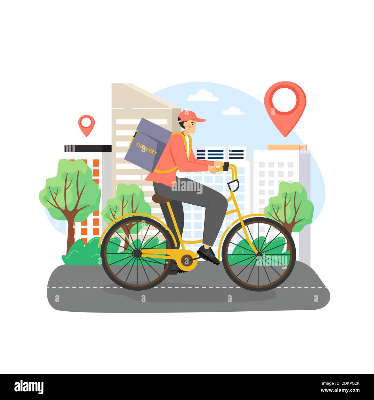 Delivery Man Riding Bike With Food Box On His Back Flat Vector