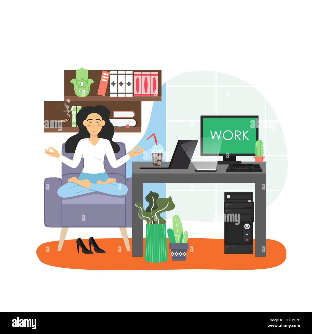 Office workplace. Business woman practicing yoga and meditation, flat ...