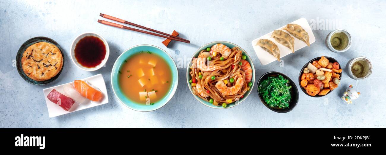 Japanese food panorama. Various dishes of Japan, overhead flat lay shot ...