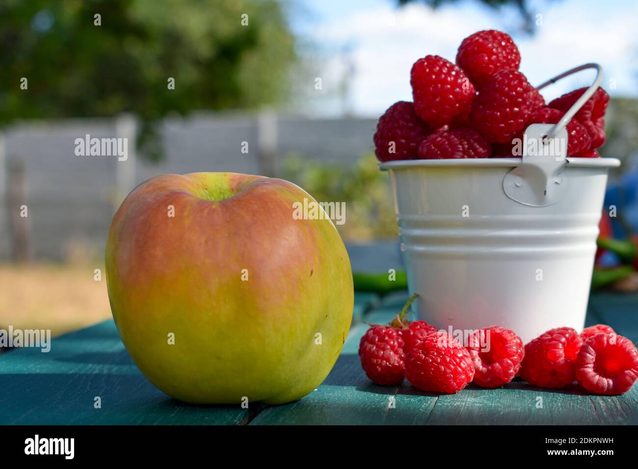 Full miniature bucket of raspberries next to the apple Stock Photo - Alamy