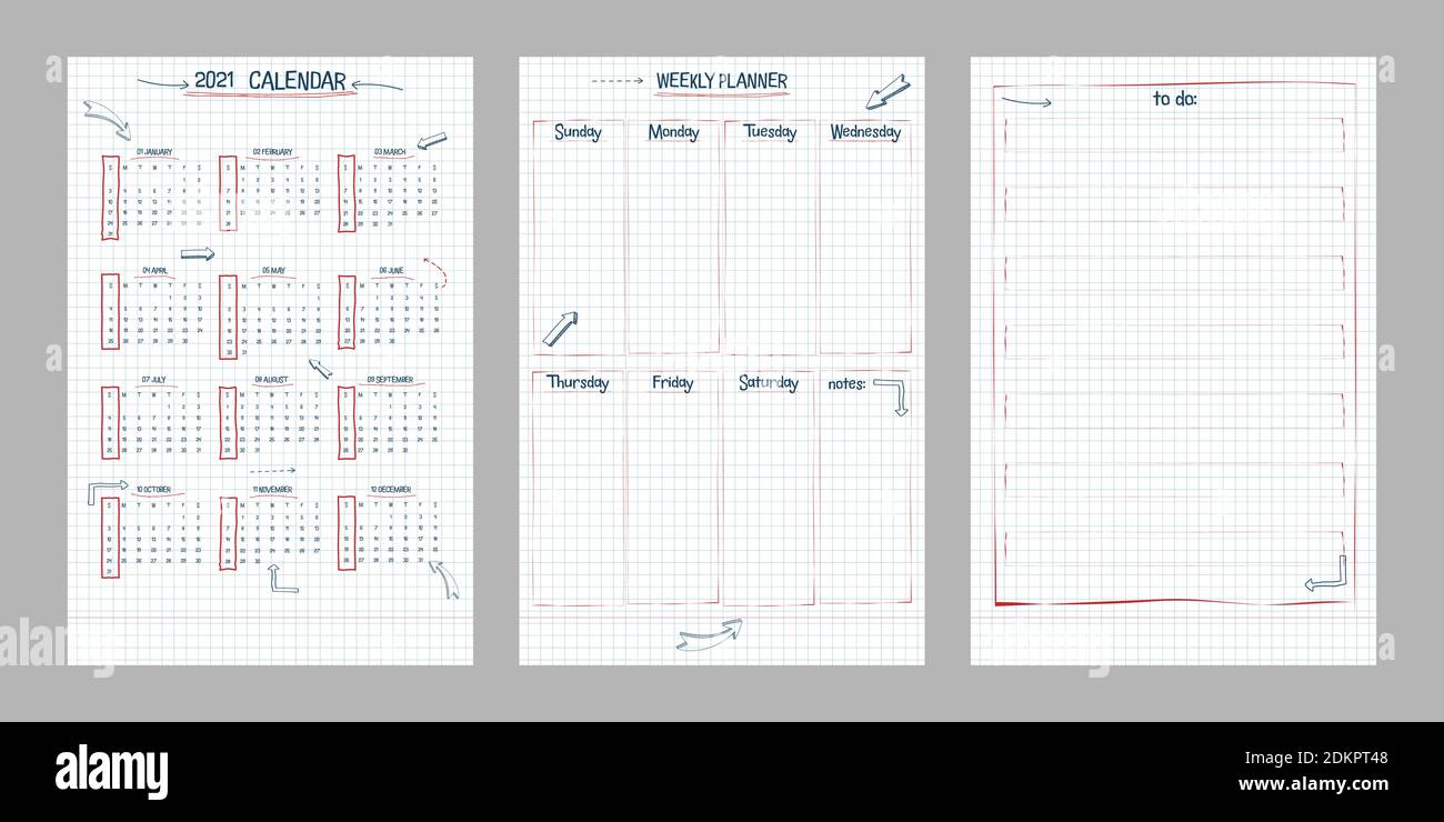 Set of 2021 calendar, weekly planner and to do list. hand drawn font ...