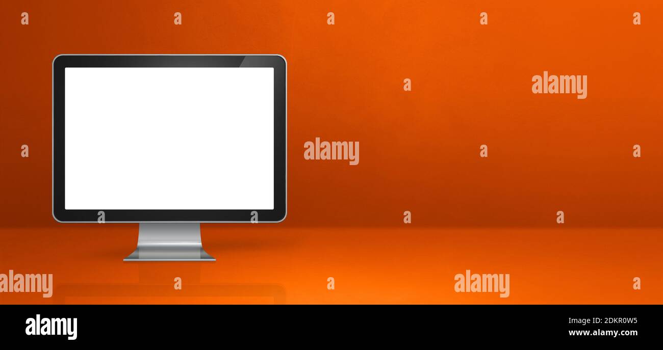 Computer pc - orange office desk banner. 3D Illustration Stock Photo ...