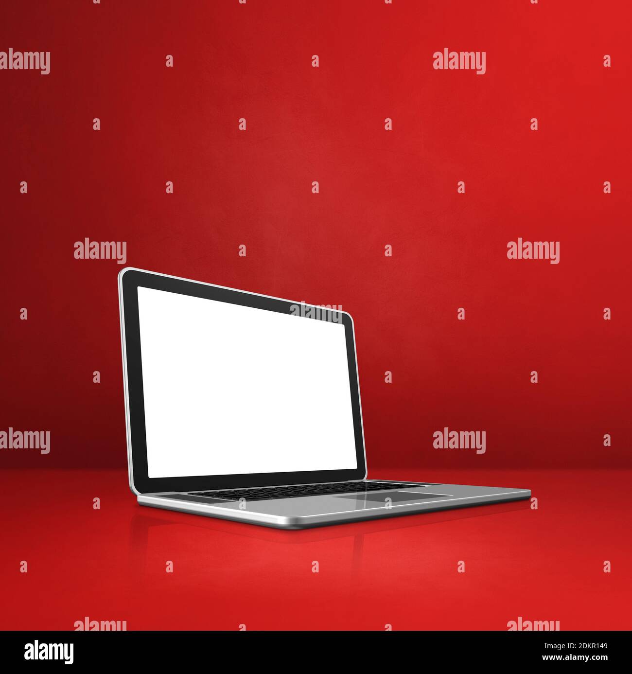 Laptop computer on red office scene background. 3D Illustration Stock ...