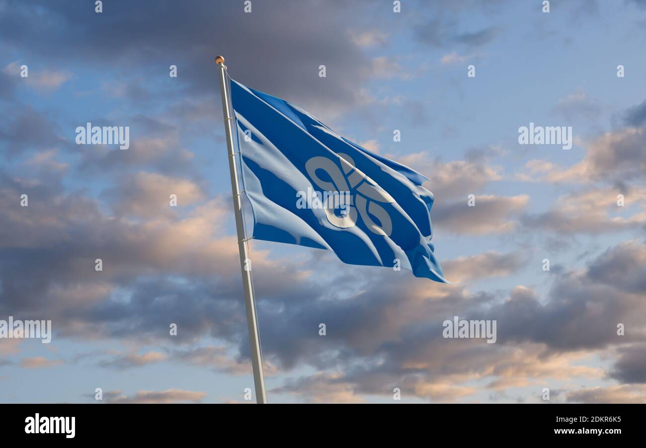 Fukuoka Japan prefecture flag at sky background. 3D artwork Stock Photo ...