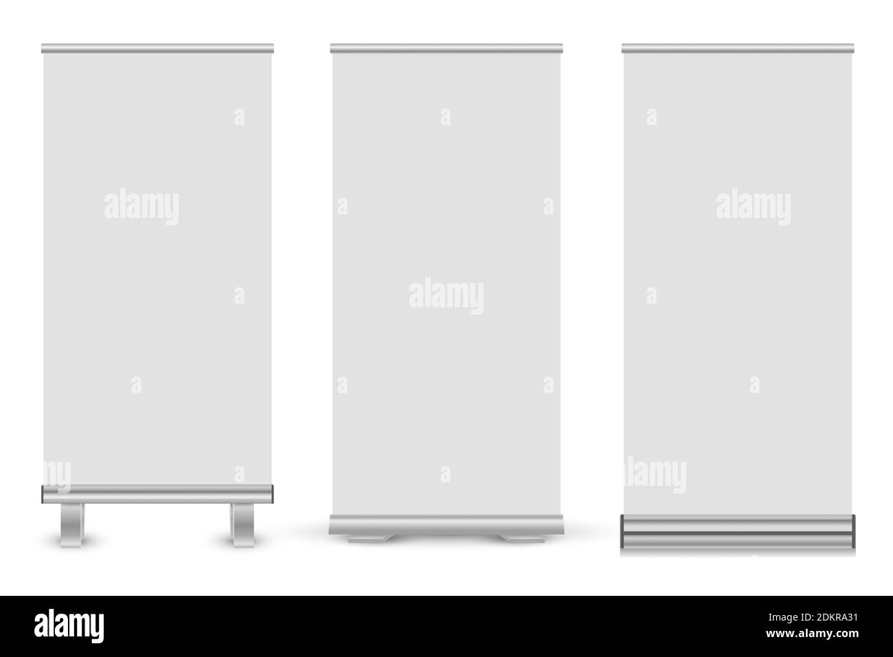 Set of blank white roll up banner isolated on white background. 3D ...