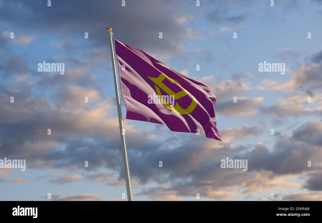Okayama Japan prefecture flag at sky background. 3D artwork Stock Photo ...