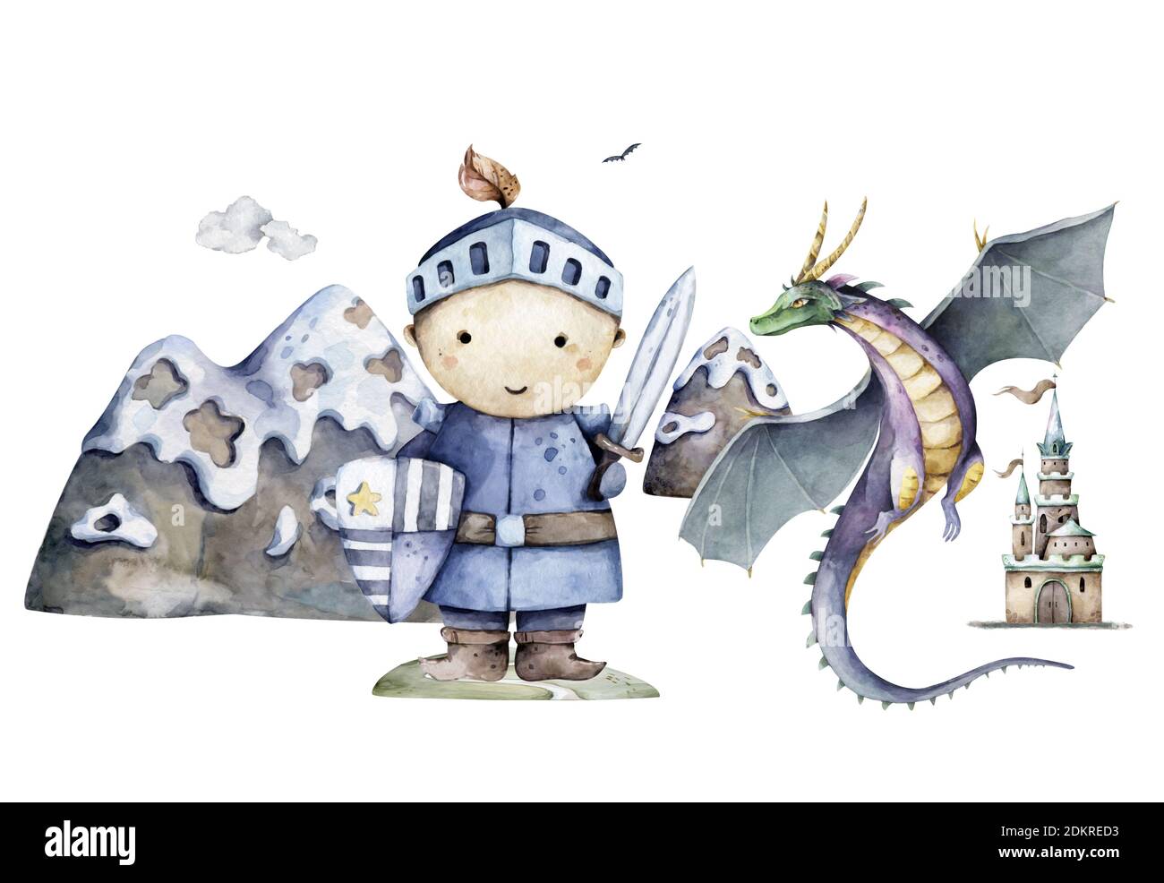 knight and flying dragon around castle. Cartoon hand drawn illustration ...