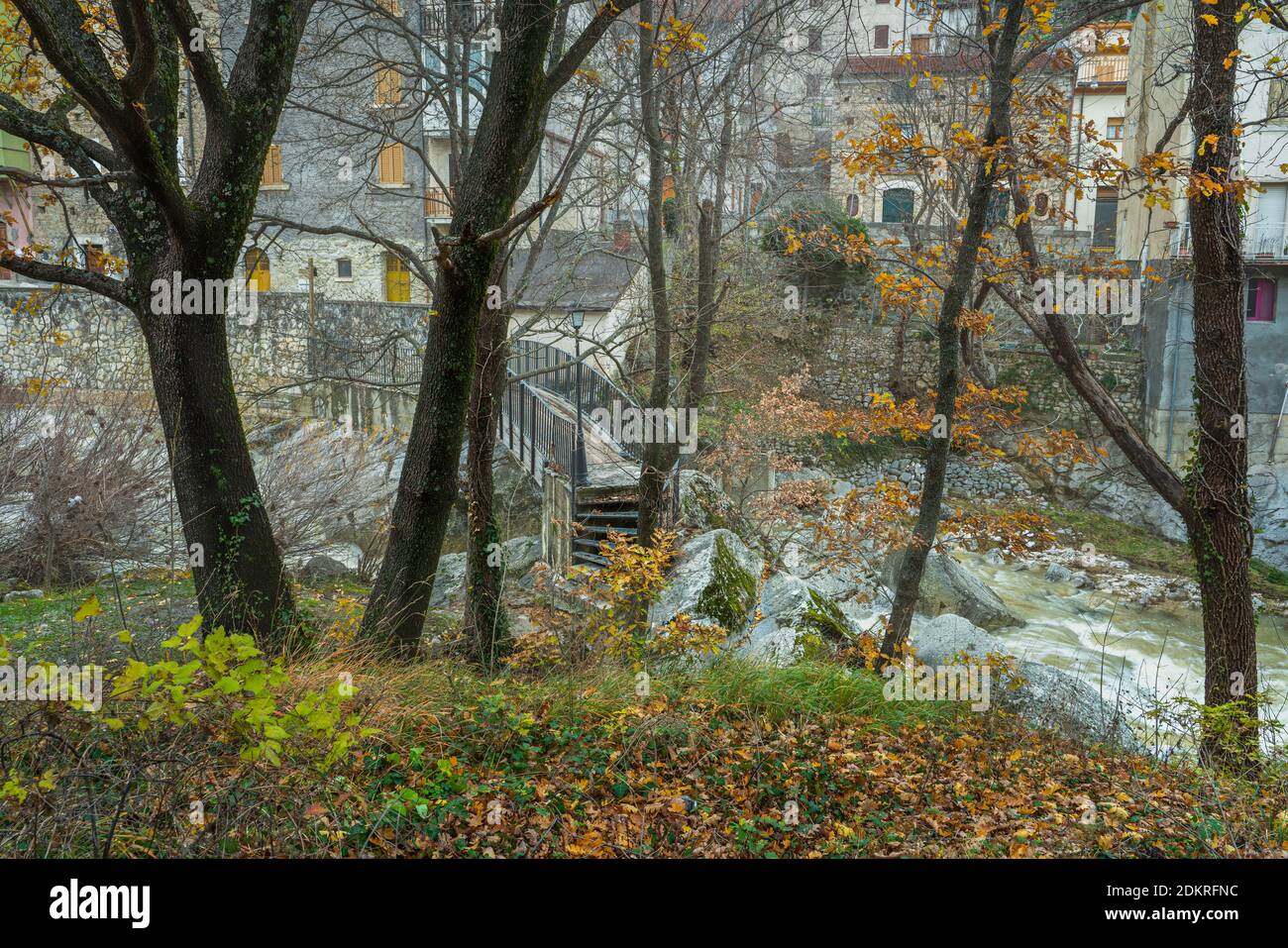 The village of Palena, shrouded in the morning fog. The Aventine river ...