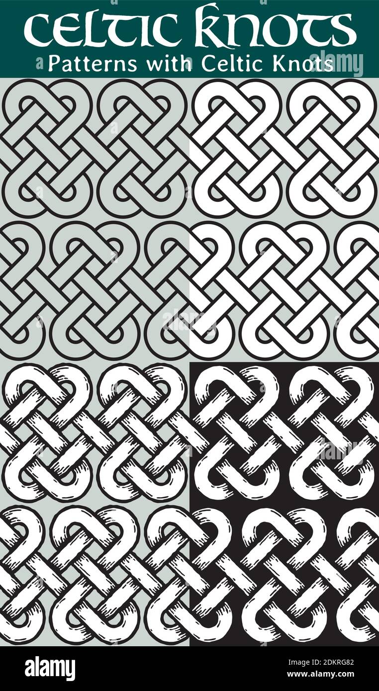 4 different versions of a seamless pattern with Celtic knots: with ...