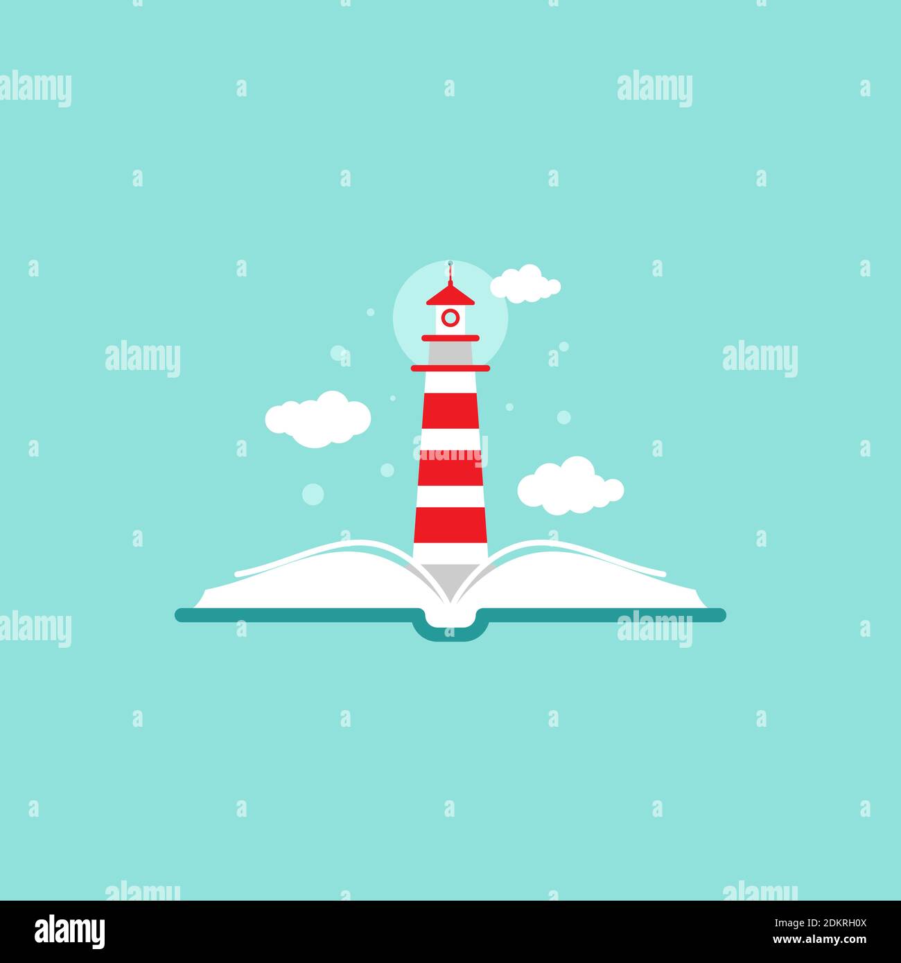 Open book with lighthouse or beacon and clouds on blue background ...