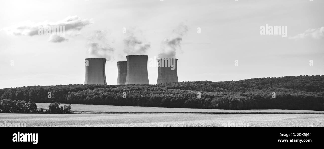 Black and white photo of Nuclear power plant. Banner with copy space ...