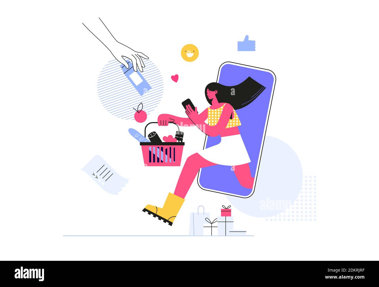 illustration of young woman shop online using smartphone. E-commerce ...