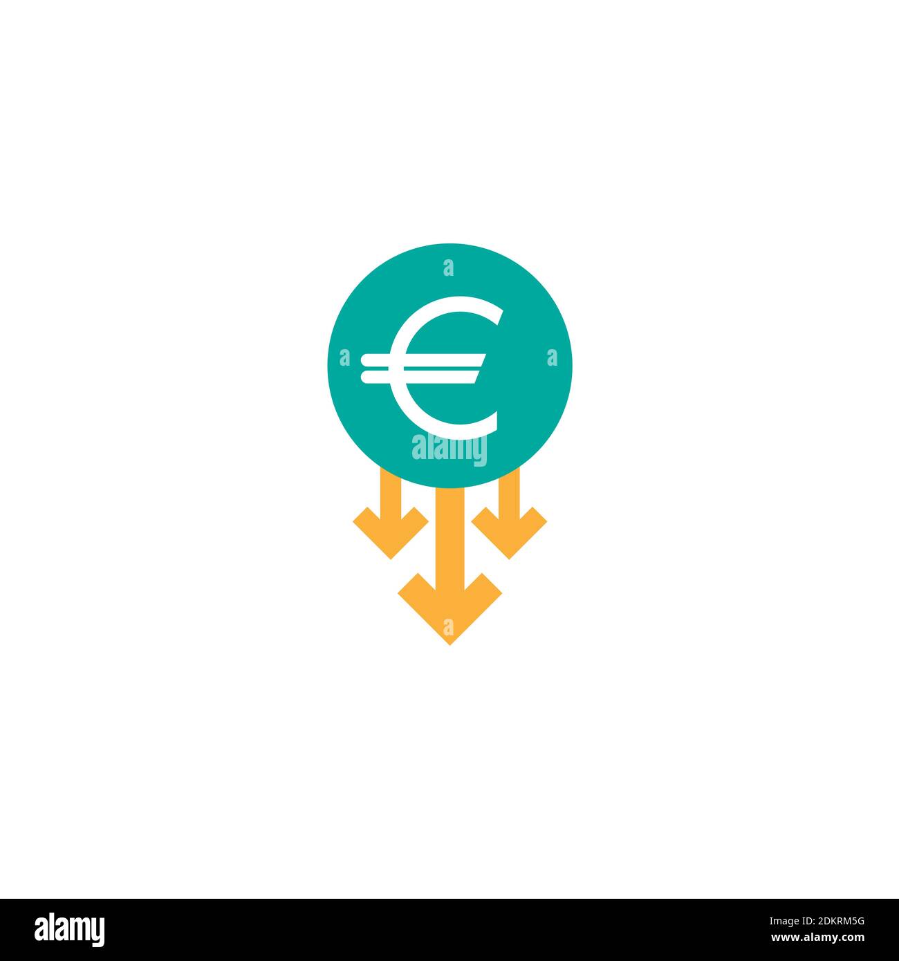 euro down vector icon. White sign in blue circle with three arrows down ...