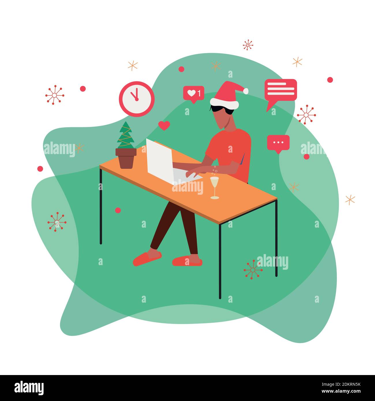 A character at home with laptop celebrates virtual christmas with ...