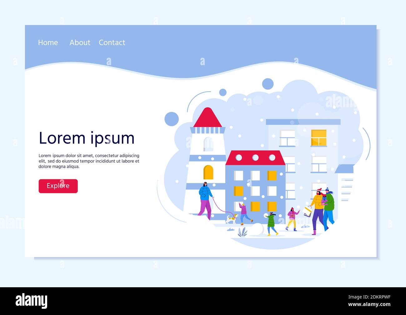 Landing page template with people walk in winter city park, parents ...