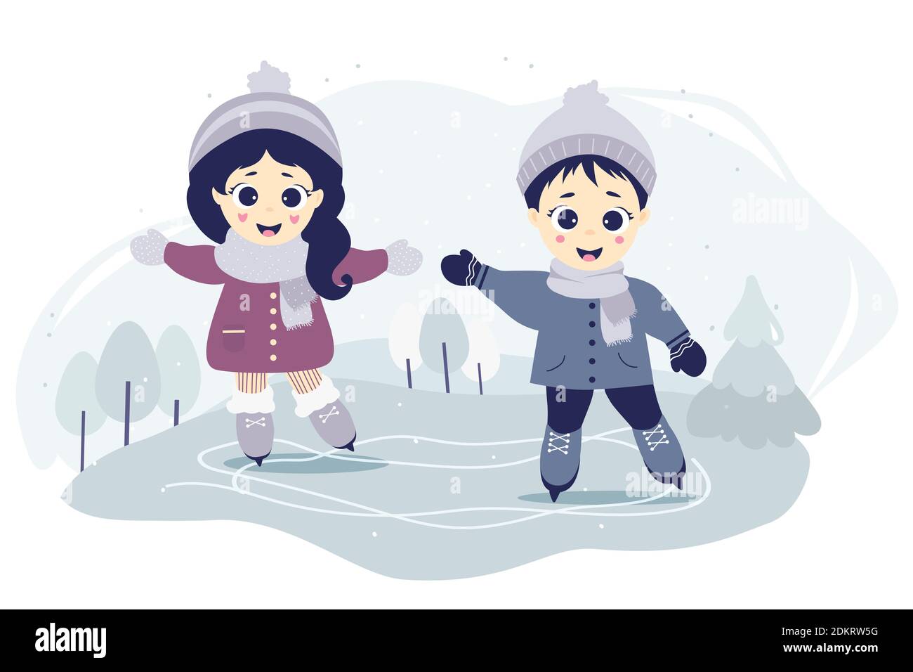 kids winter. Boy and girl ice skating on a skating rink on a blue ...