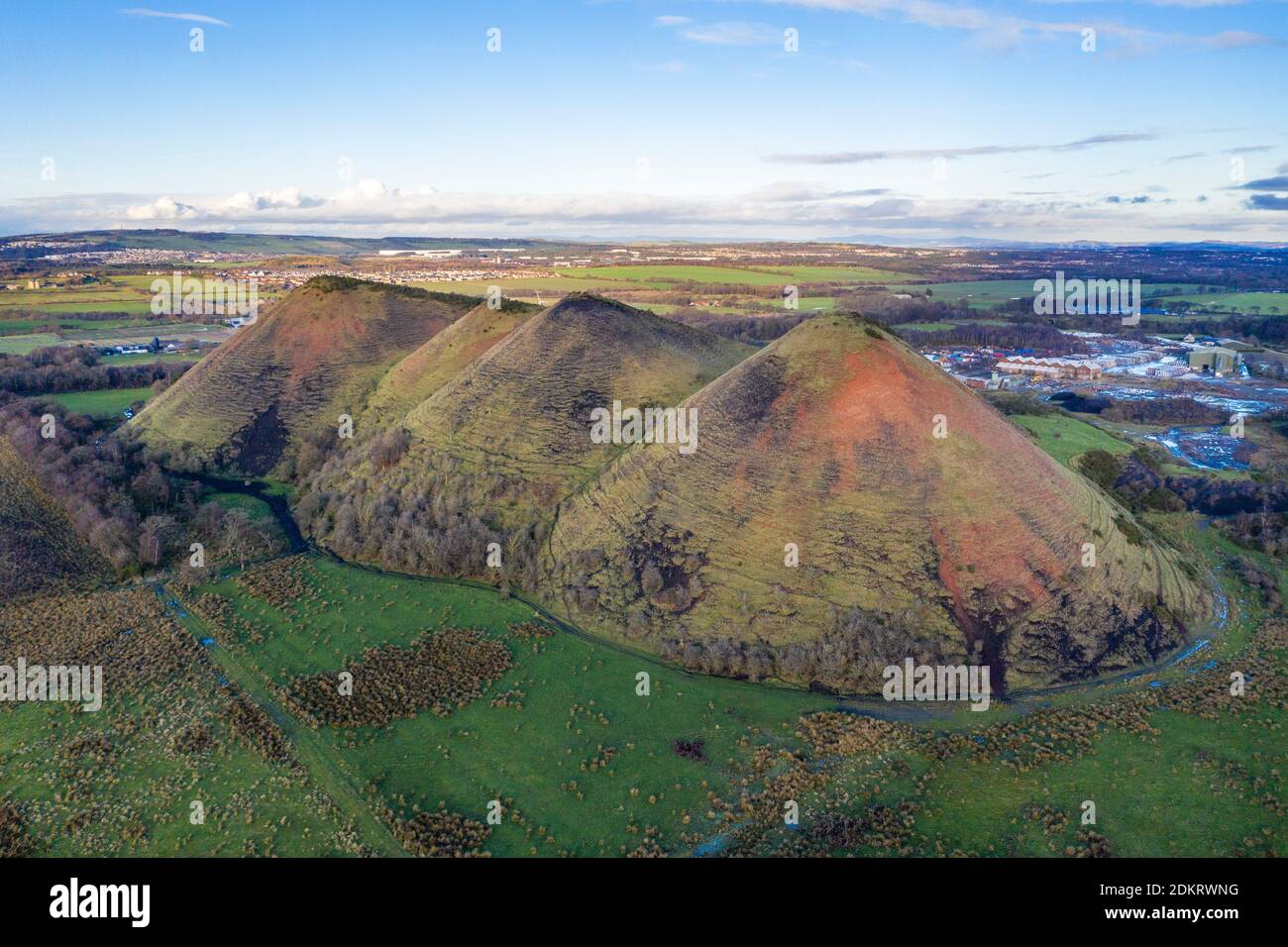 Aerial view of the Five Sisters shale bing, West Calder, West Lothian ...