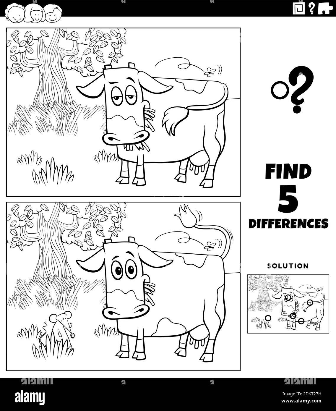 Black and white cartoon illustration of finding the differences between ...