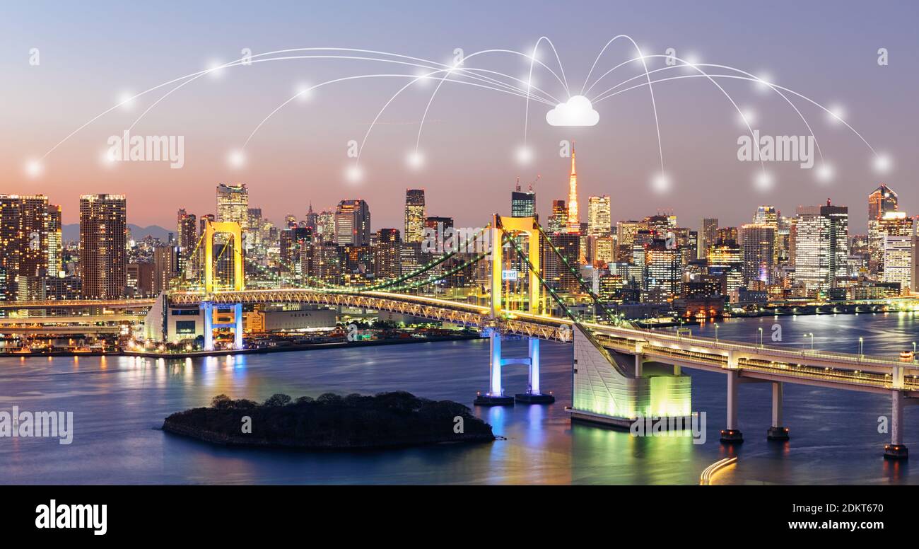 Tokyo, Japan. Modern city wireless communication network concept image ...
