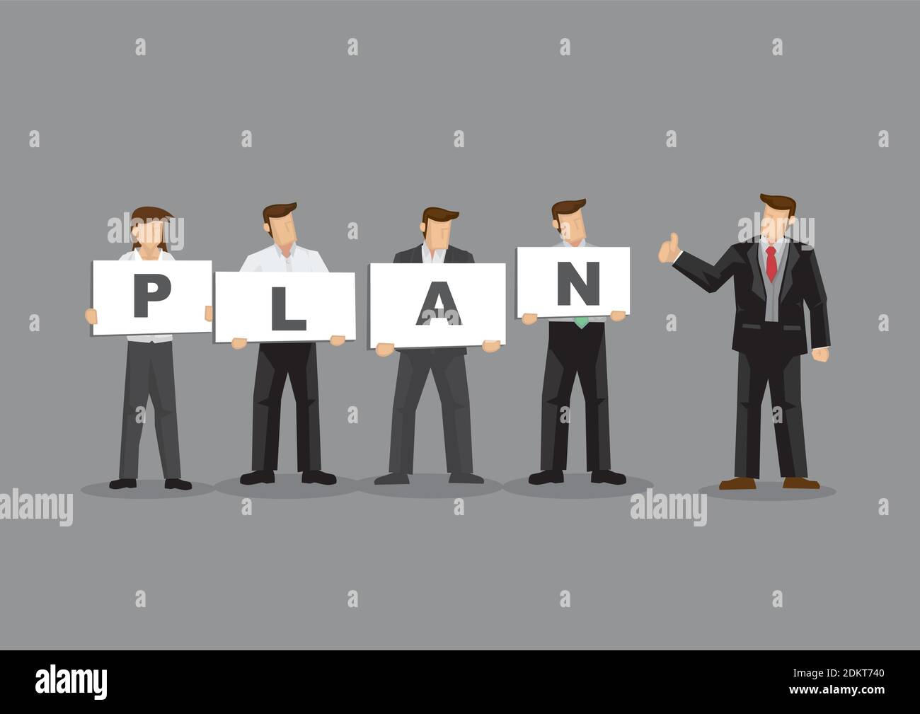 A group of employees holding signs with alphabets forming the word PLAN ...