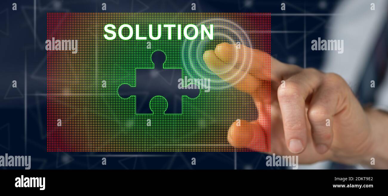Man touching a solution concept on a touch screen with his finger Stock ...