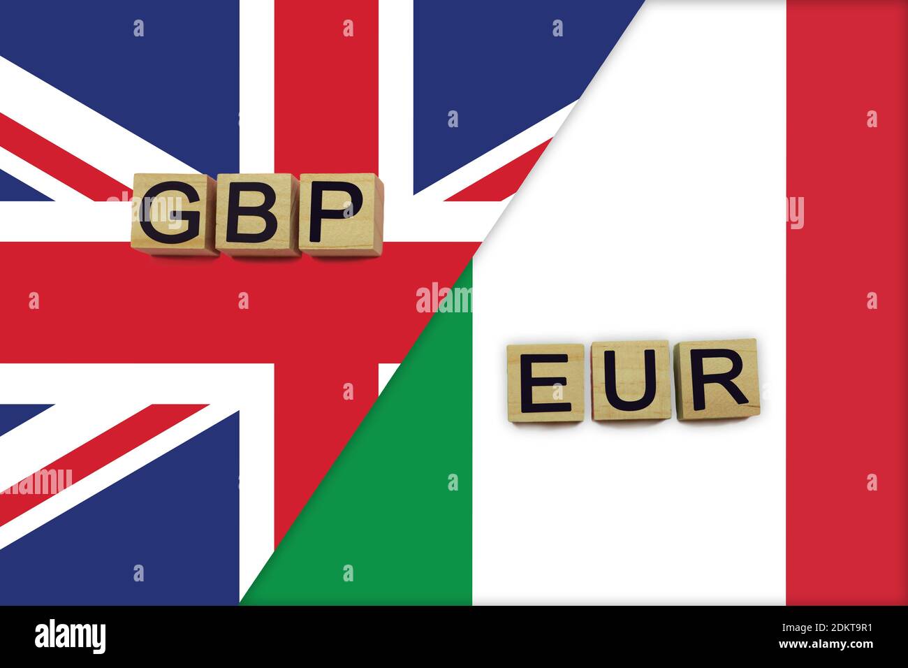 United Kingdom and Italy currencies codes on national flags background ...