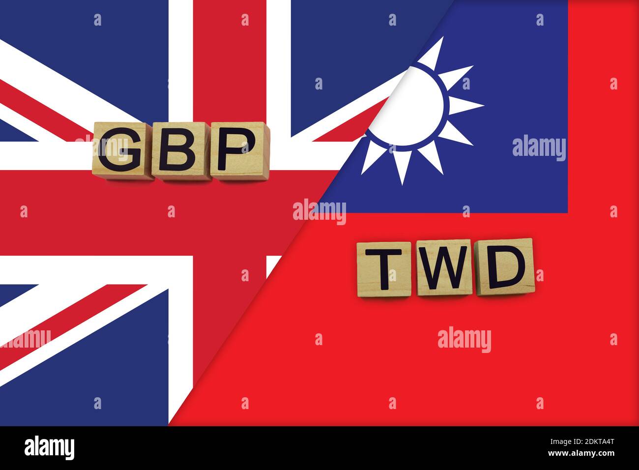 United Kingdom and Taiwan currencies codes on national flags background ...