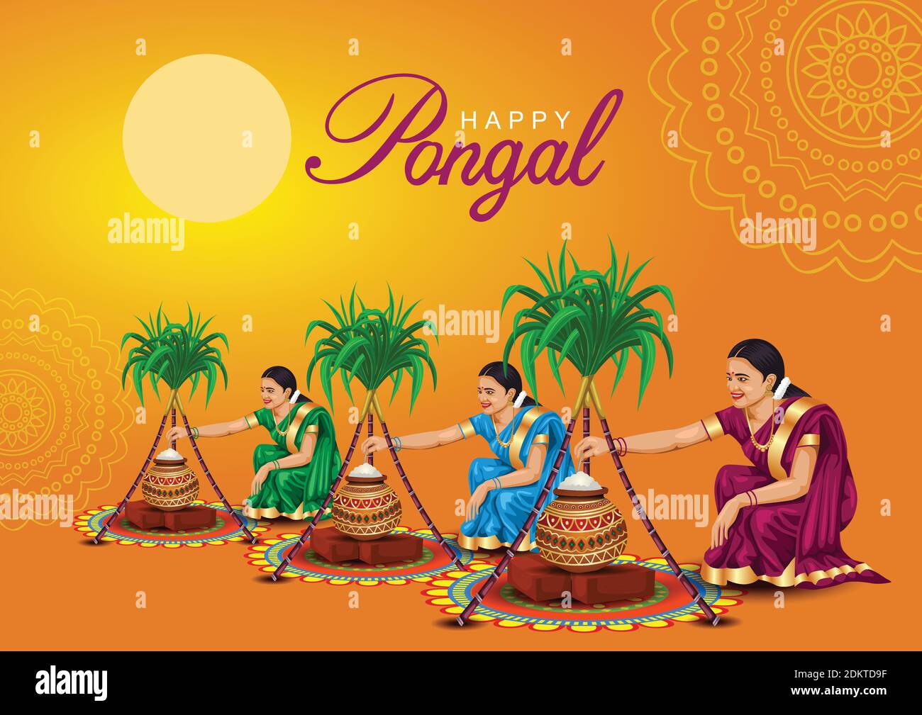 Happy Pongal celebration with sugarcane, Rangoli and pot of rice. Tamil ...