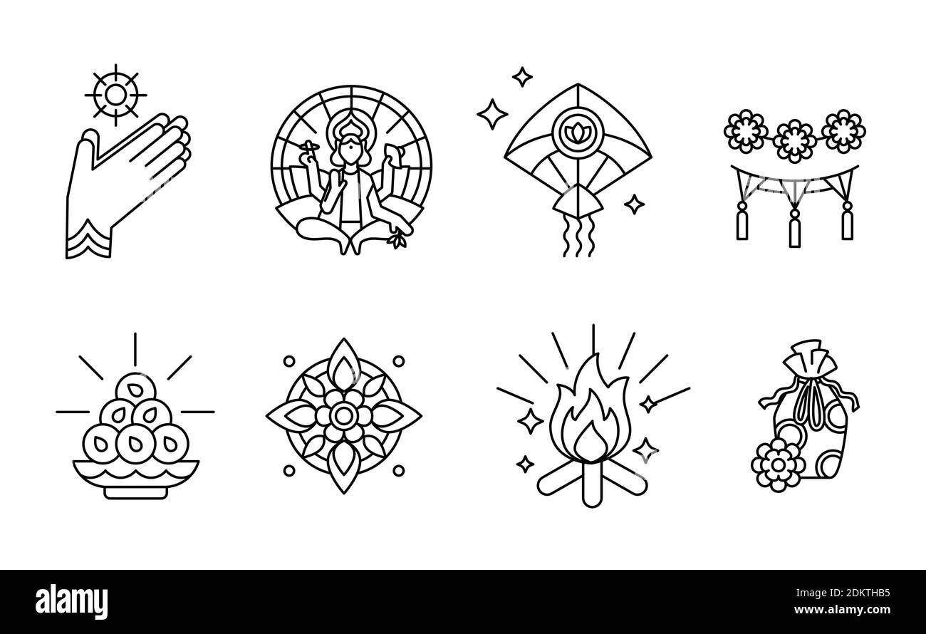 Makara Sankranti, Hindu festival of sun god Surya - Set of outline ...