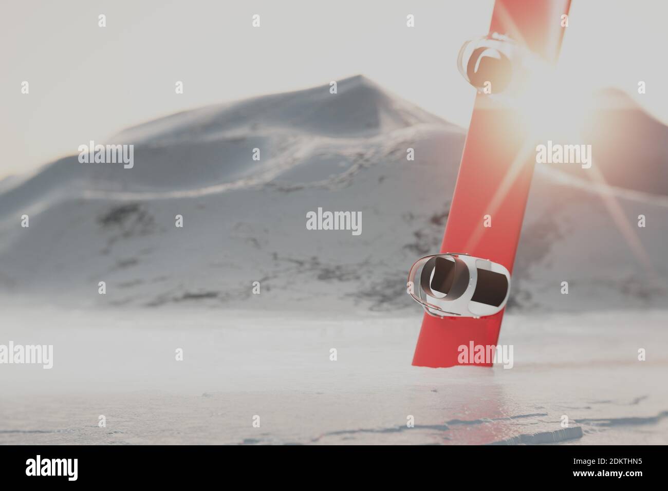 Snowboard in snow. Sun god rays over the mountain. 3d render Stock ...