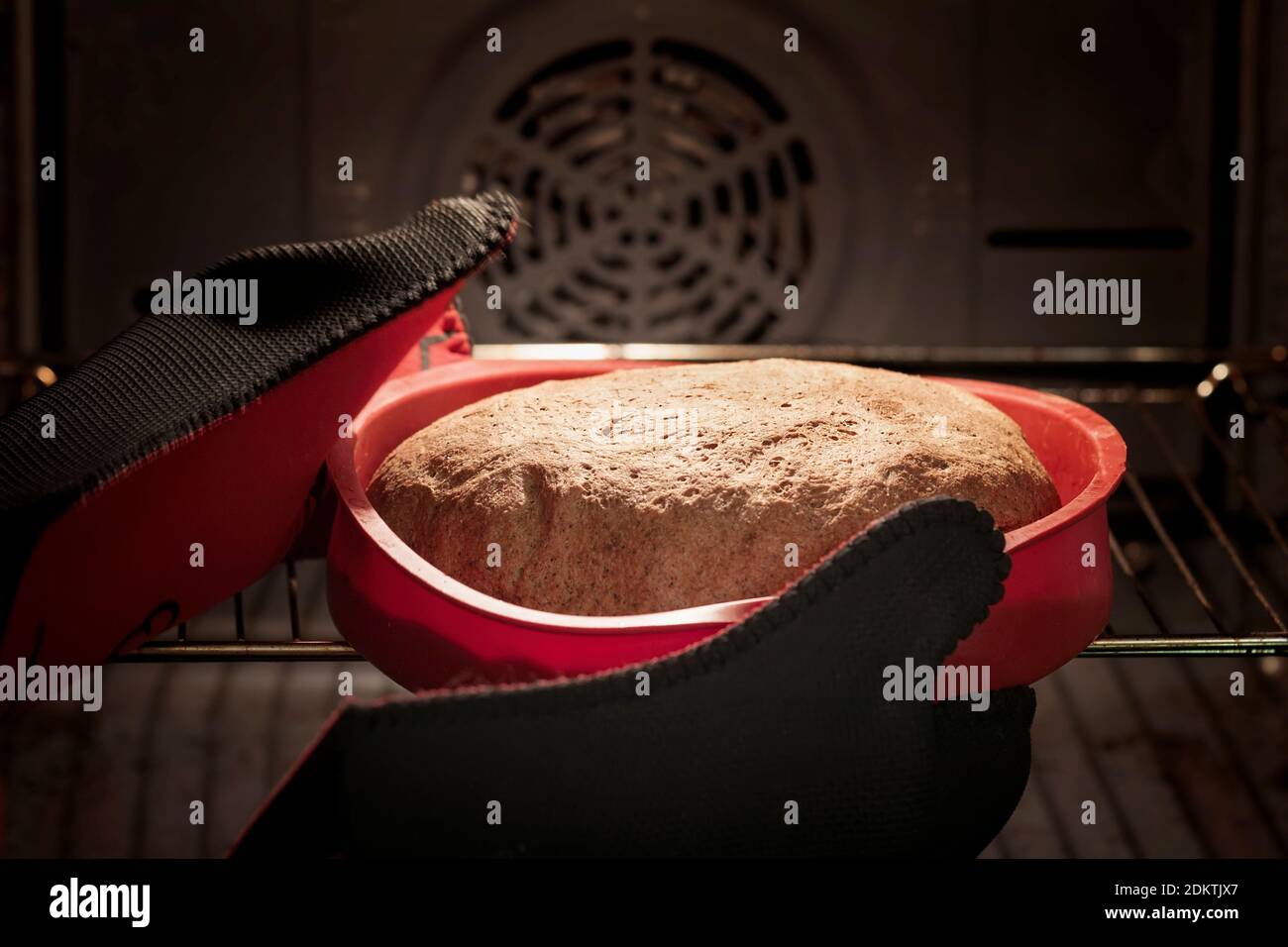 Baking bread in the home oven. Homemade food. Hands in oven mitts ...