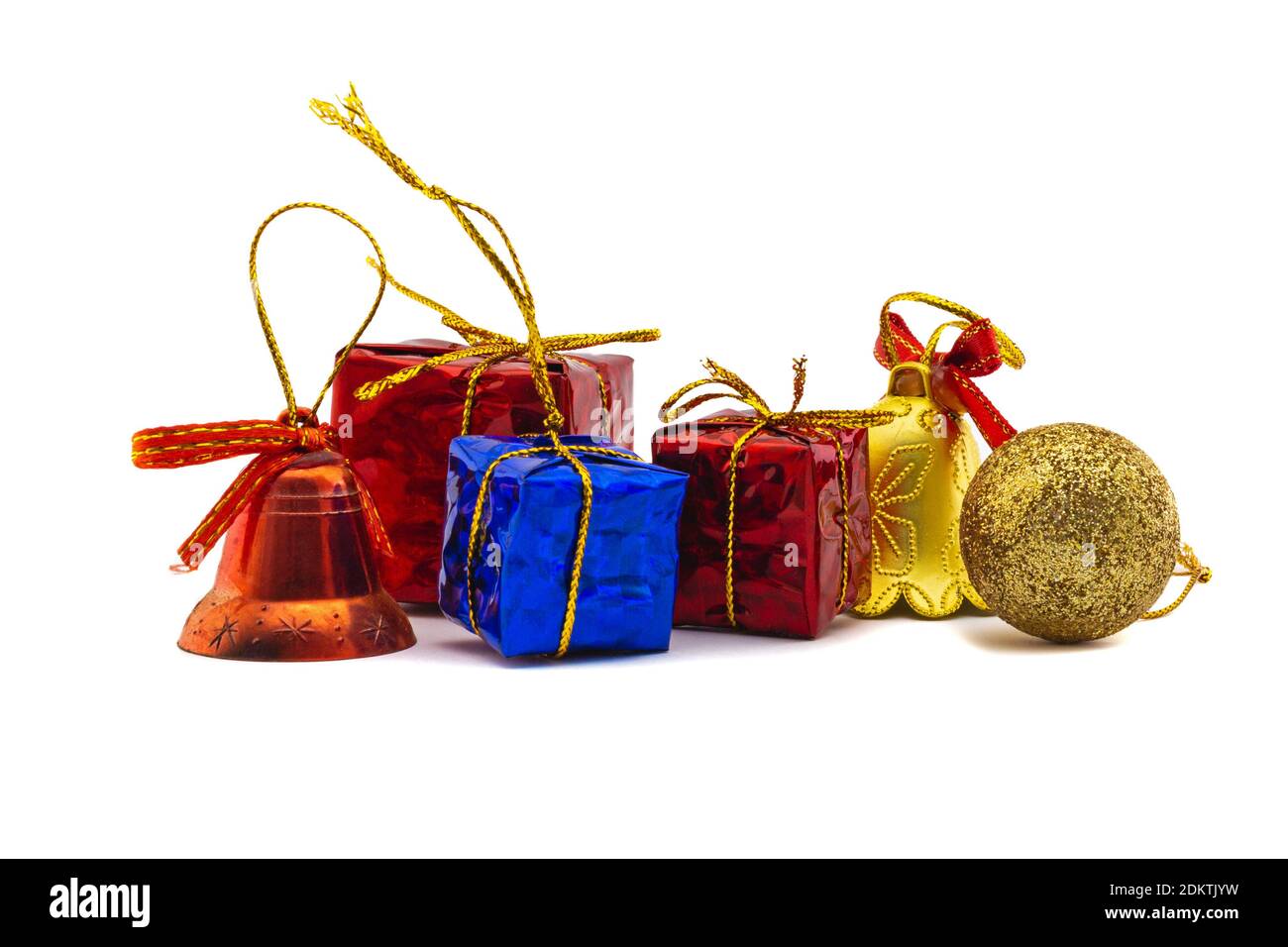 Christmas gift packages and ornaments with red, blue and yellow colors ...