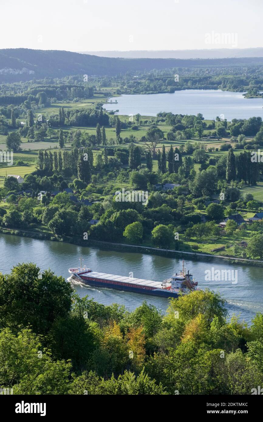River transport on the River Seine. Cargo ship Douwe-S in the Jumieges ...