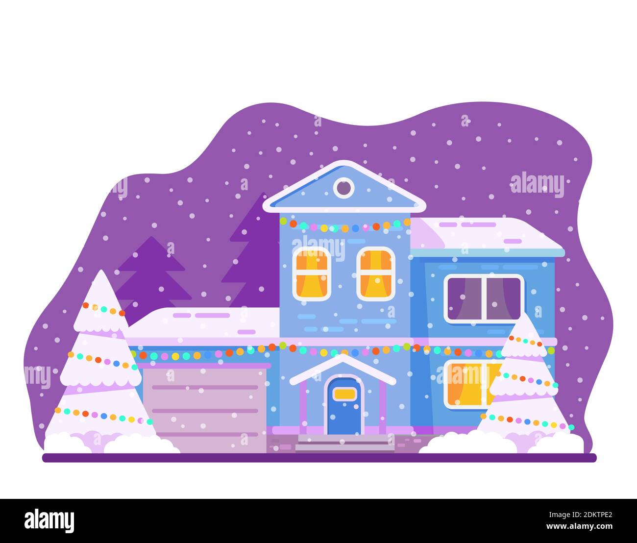 Christmas home facade decorated garland in snowfall.Flat vector ...